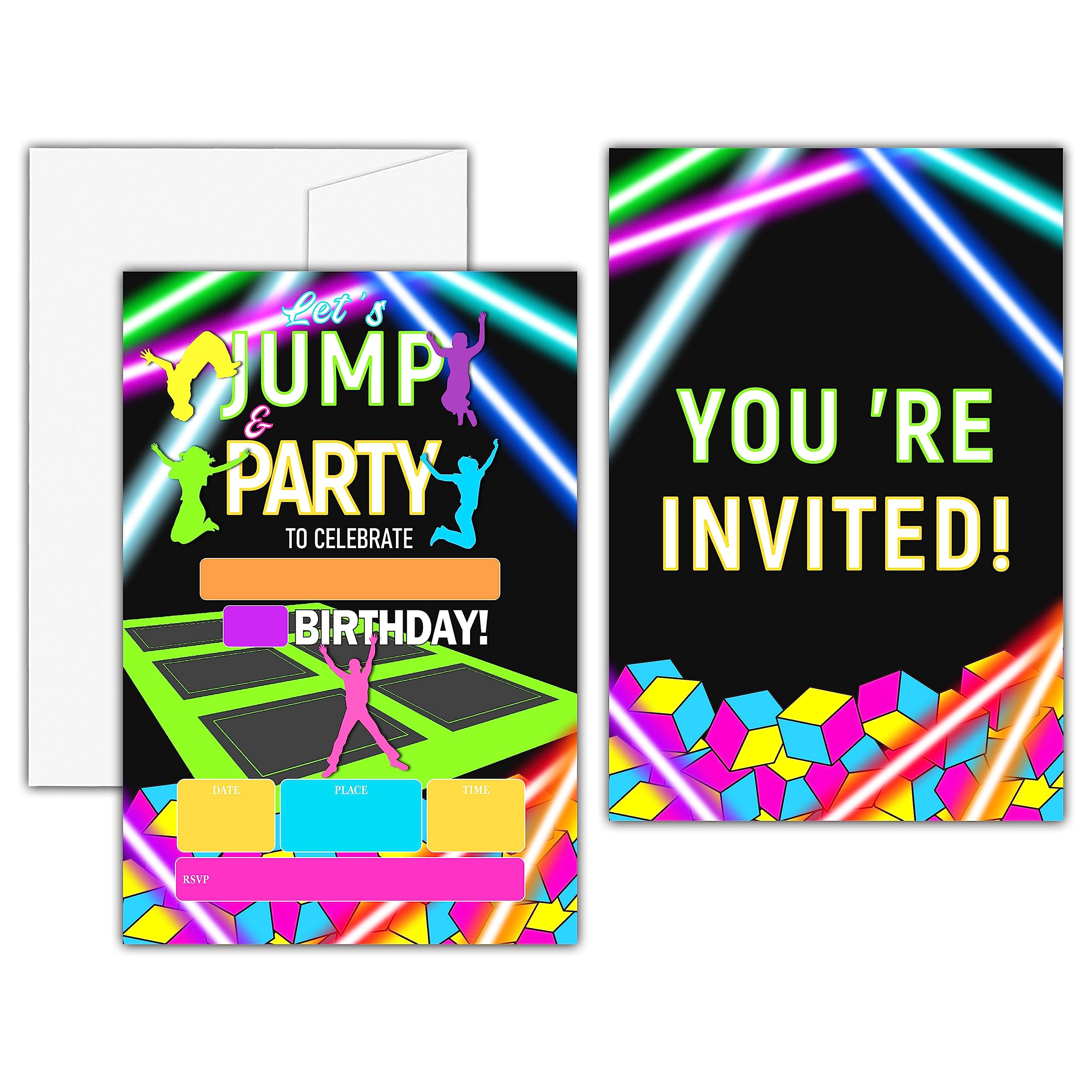 KFNER Jump Birthday Invitations, Neon Glow Trampoline Birthday Party Invitation Card, Bounce House Birthday Party Favors & Celebration Supplies(20 Set of Invitations with Envelopes)-C10