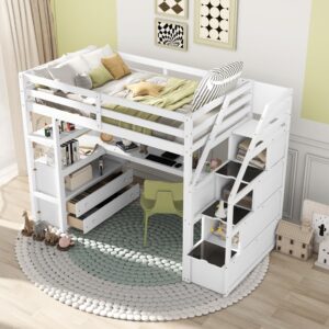 Twin Loft Bed with Stairs and Desk, Wood Loft Bed Frame with Storage Cabinet, High Loft Beds with Drawers & Shelf for Kids, Juniors, Teen, Boys, Girls, White