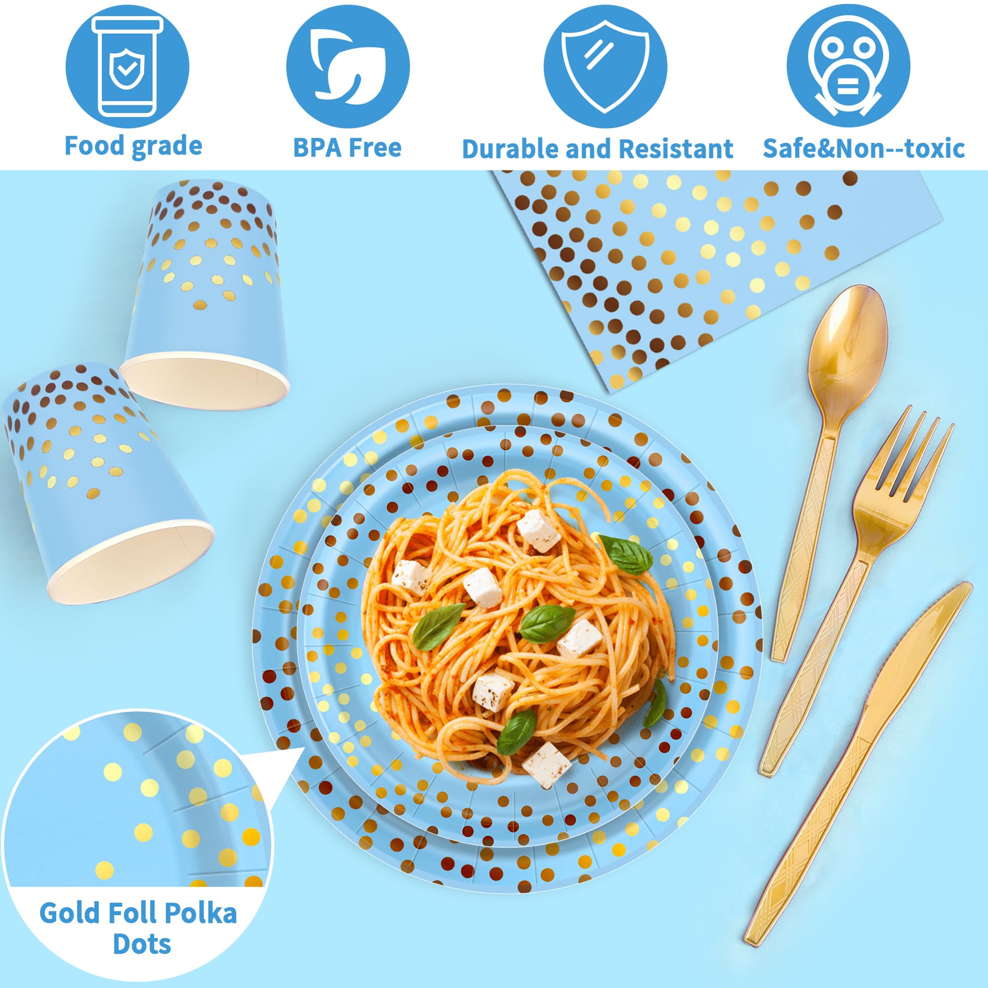 Blue Gold Party Supplies Foil Polka Dots Disposable Tableware Set Serves 24 Guests Star Foil Balloons Tablecloths Pennant Banners Plates for Birthday Wedding Baby Shower Party Graduation Decorations