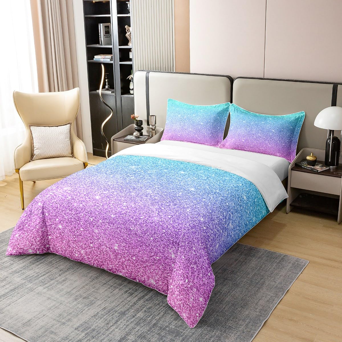 Queen Zipper Glitter Print(No Glitter) Duvet Cover 100% Cotton 3Pcs Duvet Cover 100% Cotton Blue Purple Gradient Bedding 100% Cotton Set Soft Warmth Lightweight Quilted Duvet Set with 2 Pillow Shams