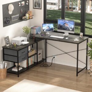 Homieasy Reversible L Shaped Desk with Power Outlet, Corner Computer Desk with Drawers and Storage Shelves, L-Shaped Long Home Office Desk Study Writing Desk Gaming Desk, Grey Oak