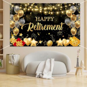 Avezano Happy Retirement Backdrop Black and Gold Happy Retirement Sign Banner Photo Background with Rope for Retirement Party Decorations (70.8x43.3inch)