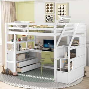 twin loft bed with stairs and desk, wood loft bed frame with storage cabinet, high loft beds with drawers & shelf for kids, juniors, teen, boys, girls, white