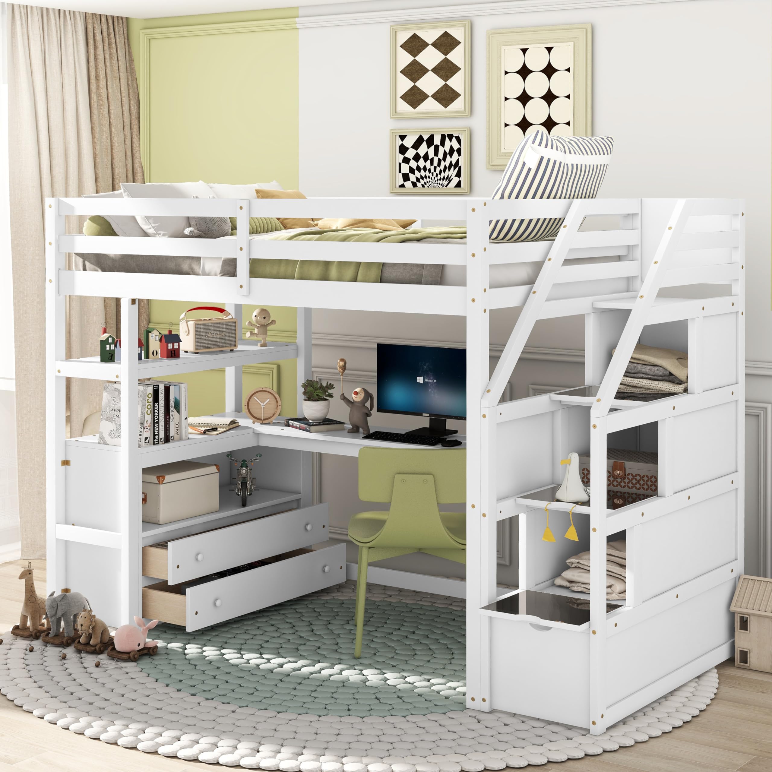 Twin Loft Bed with Stairs and Desk, Wood Loft Bed Frame with Storage Cabinet, High Loft Beds with Drawers & Shelf for Kids, Juniors, Teen, Boys, Girls, White