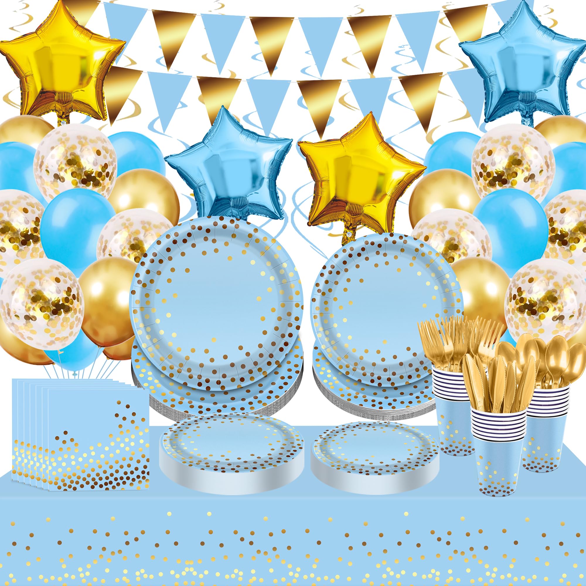 Blue Gold Party Supplies Foil Polka Dots Disposable Tableware Set Serves 24 Guests Star Foil Balloons Tablecloths Pennant Banners Plates for Birthday Wedding Baby Shower Party Graduation Decorations