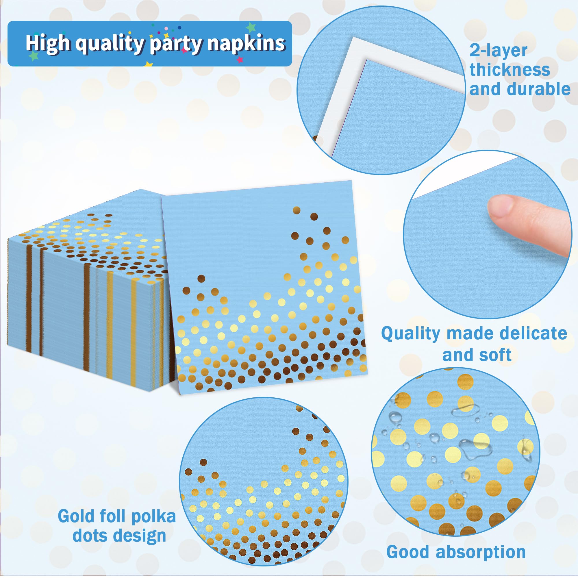 Blue Gold Party Supplies Foil Polka Dots Disposable Tableware Set Serves 24 Guests Star Foil Balloons Tablecloths Pennant Banners Plates for Birthday Wedding Baby Shower Party Graduation Decorations