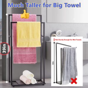 Standing Towel Racks for Bathroom, 39'' Tall 2 Tier Bathroom Towel Rack Stand with Storage Shelves, Modern Standing Pool Towel Drying Rack for Outdoor, Black Blanket Holder, ALHAKIN