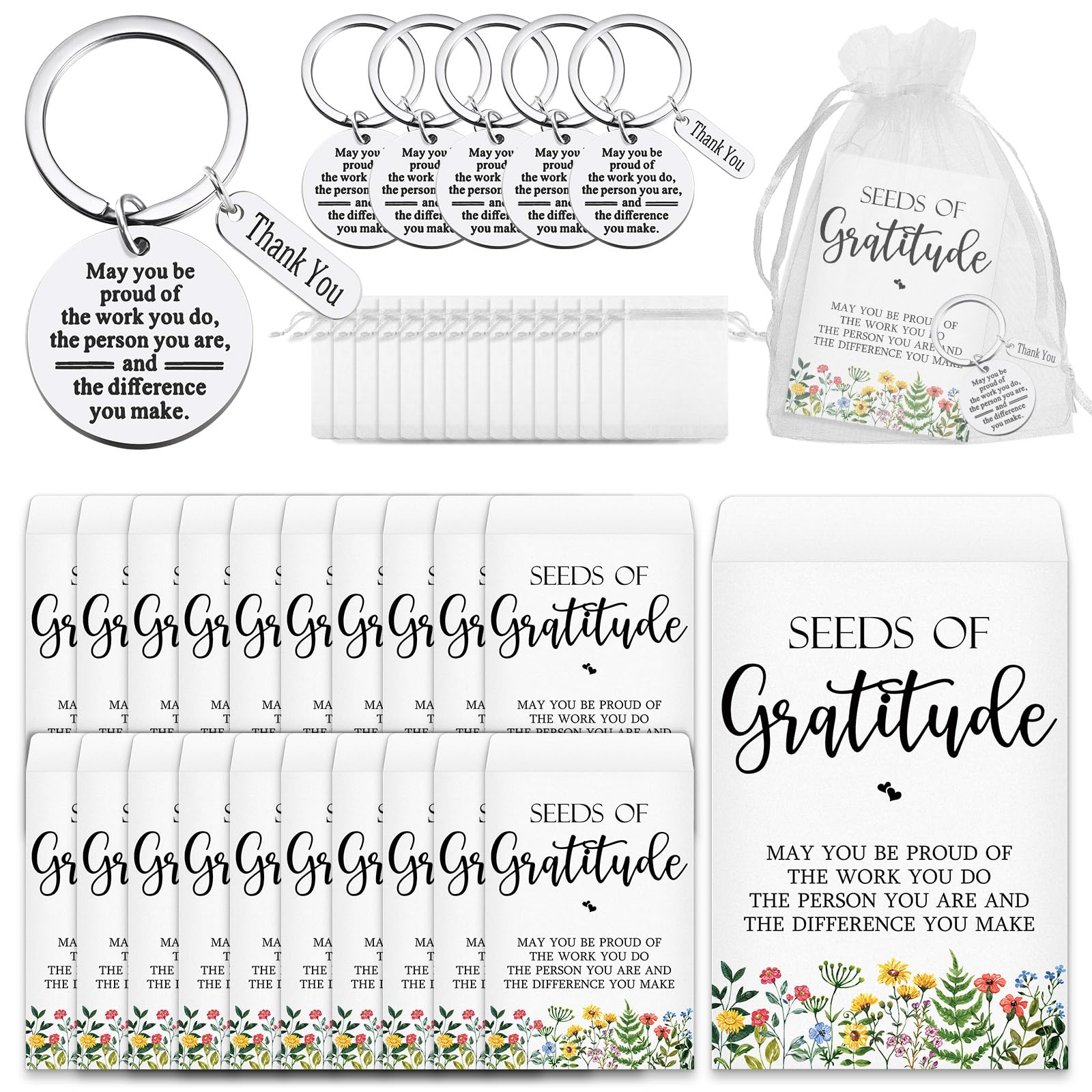 Huquary 25 Sets Employee Appreciation Gifts for Coworker Include 25 Pcs Thank You Keychain 25 Pcs White Seed Packets with White Organza Bags (No Seeds)