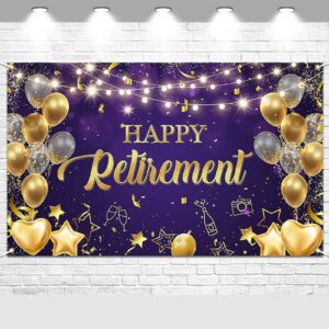 avezano happy retirement backdrop purple and gold happy retirement sign banner photo background with rope for retirement party decorations (70.8x43.3inch)