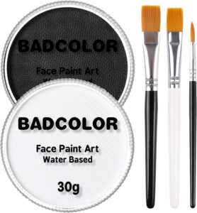 black & clown white face body paint with 3pcs painting brushes, water based sfx makeup palette for kids & adults, non-toxic facepaint for halloween, cosplay, costume & theater