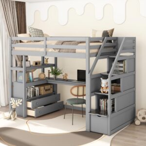 twin loft bed with stairs and desk, wood loft bed frame with storage cabinet, high loft beds with drawers & shelf for kids, juniors, teen, boys, girls, gray