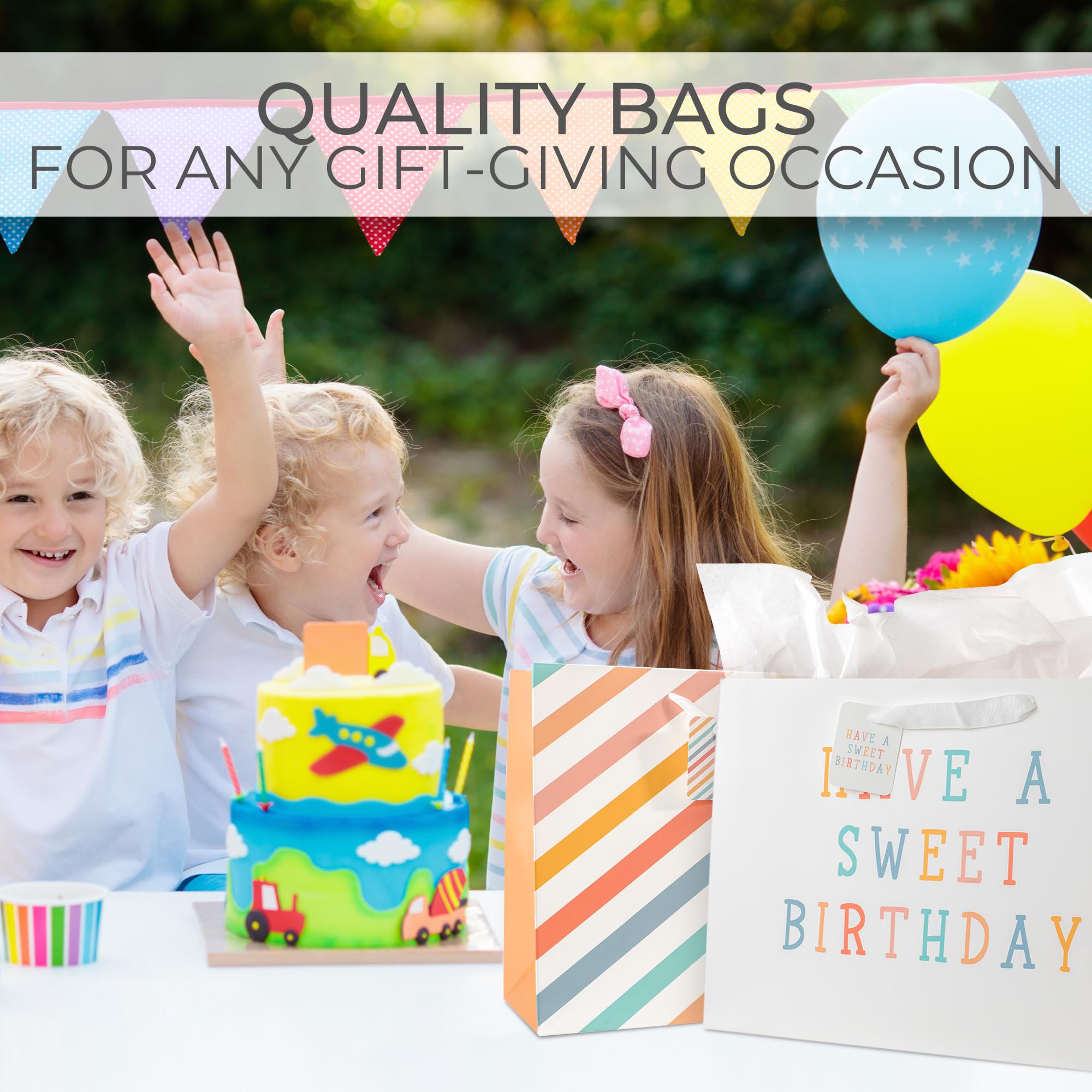 Beautiful Birthday Gift Bags Set of 2 - Large 14.5" Bags with Handles incl. Matching Tissue Paper, Cards & Stickers - Reusable and Perfect For Presents of Any Girls/Boys Kids Party & Special Occasion