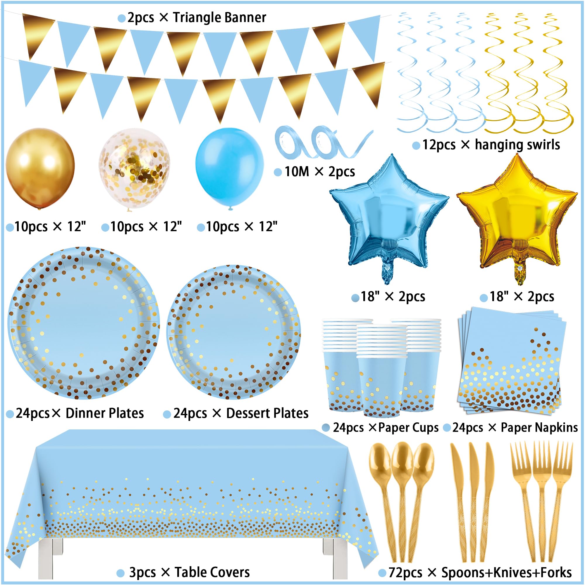 Blue Gold Party Supplies Foil Polka Dots Disposable Tableware Set Serves 24 Guests Star Foil Balloons Tablecloths Pennant Banners Plates for Birthday Wedding Baby Shower Party Graduation Decorations