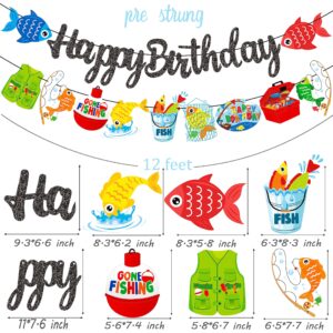 Gone Fishing Happy Birthday Banners Fishing Party Decorations 2Pcs Fisherman Hanging Cutout Garland Banners for Fish Theme Baby Shower Supplies