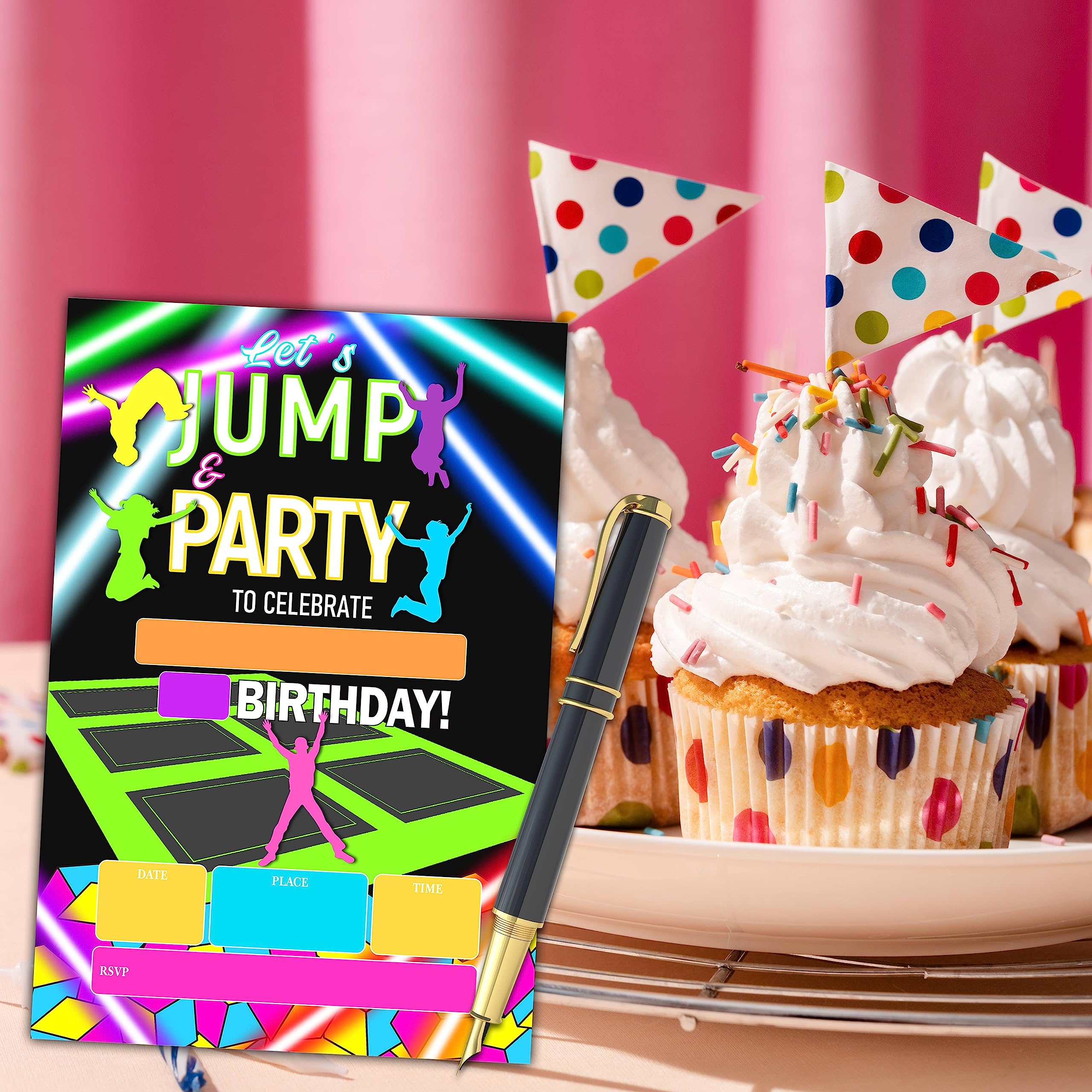 KFNER Jump Birthday Invitations, Neon Glow Trampoline Birthday Party Invitation Card, Bounce House Birthday Party Favors & Celebration Supplies(20 Set of Invitations with Envelopes)-C10