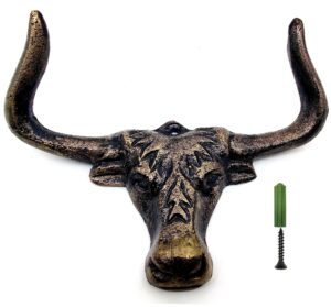 5moonsun5's longhorn steer wall bull head hook 5" decorative western decor heavy duty vintage metal wall hook, rustic decor antique hanging hook for coat, key bag towel includes screws antique