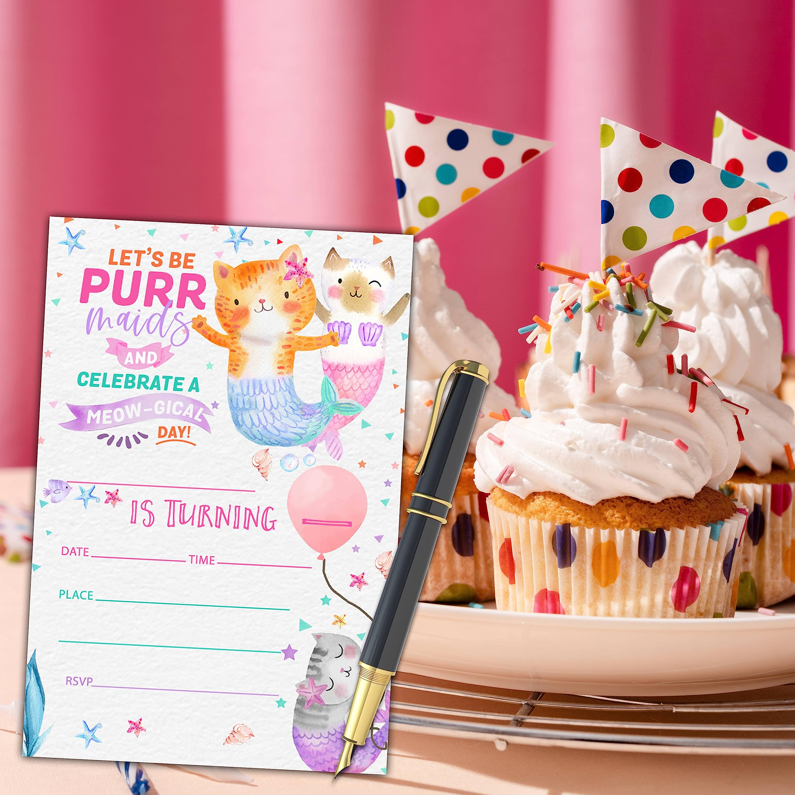 Cat Mermaid Birthday Invitations, Purrmaid Birthday Party Invitation Card, Kitten Birthday Party Favors & Celebration Supplies(20 Set of Invitations with Envelopes)-B11