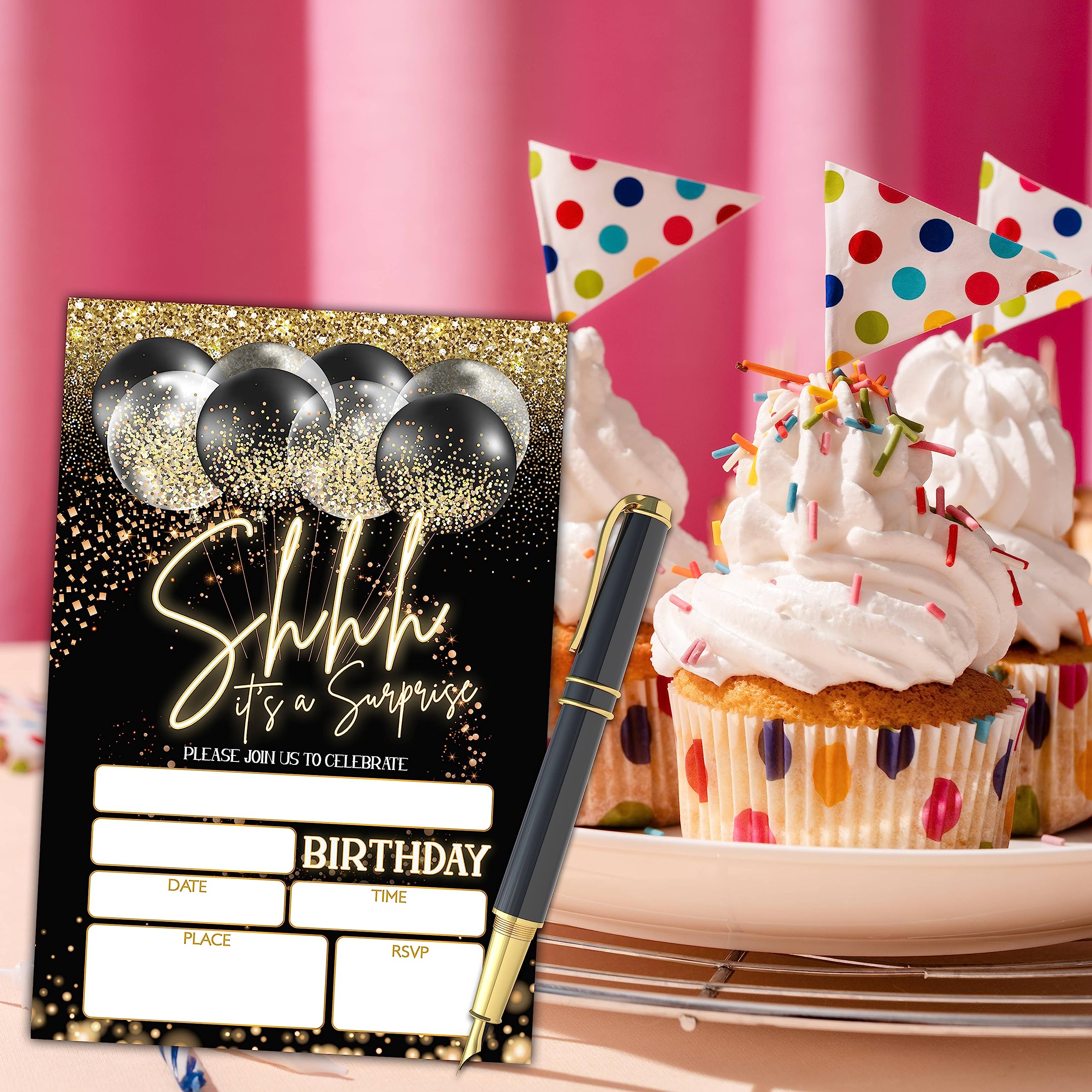 KFNER Shhh It's a Surprise Birthday Invitations, Black Gold Balloon Birthday Party Invitation Card, Surprise Birthday Party Favors & Celebration Supplies(20 Set of Invitations with Envelopes)-B28