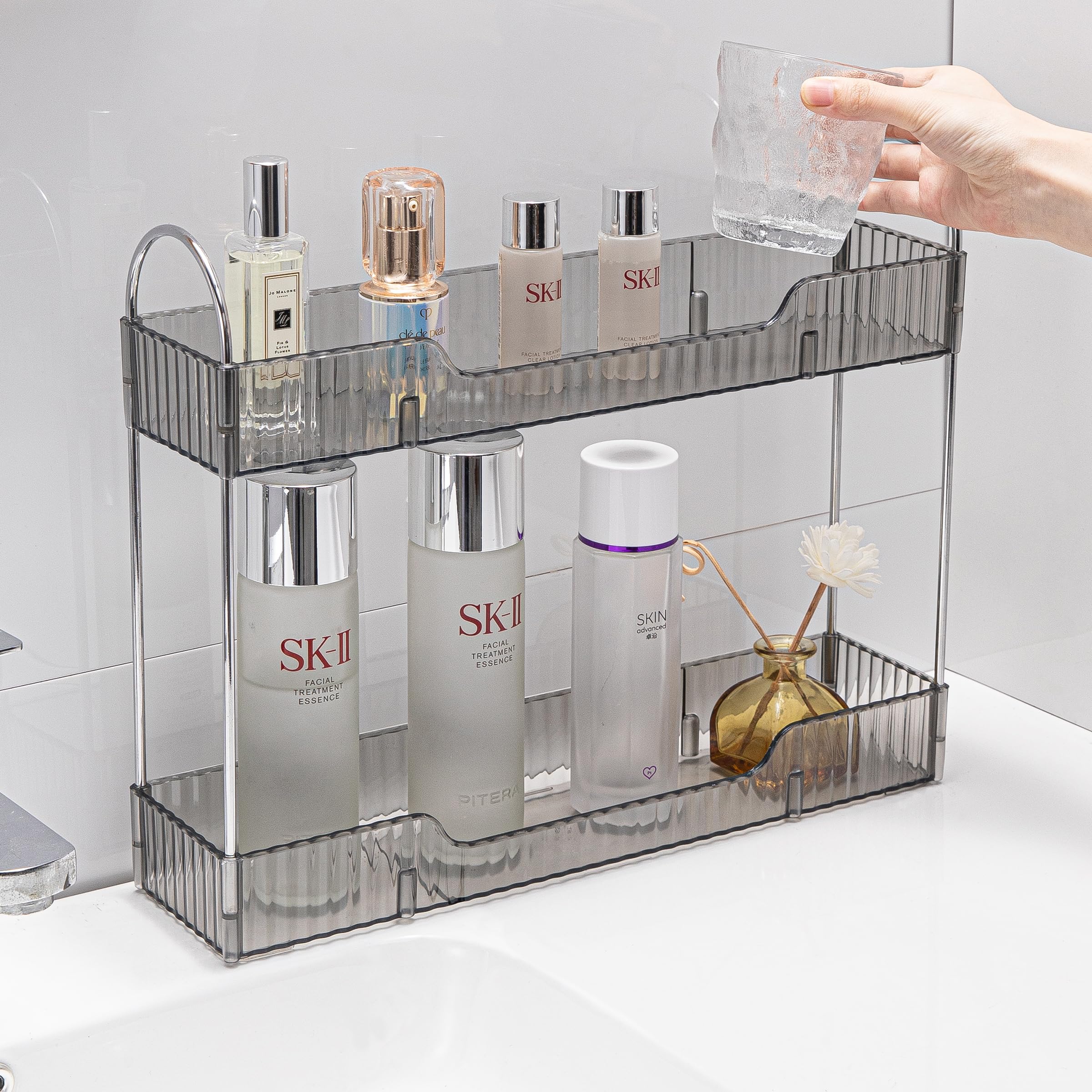 YCIA&DONE 2 Tiers Narrow Vanity Makeup Organizer, Bathroom Organizer Countertop Slim, Perfume Holder Skincare Storage Cosmetic Shelf Spice Rack, for Small Desktop Space, Smoky Gray