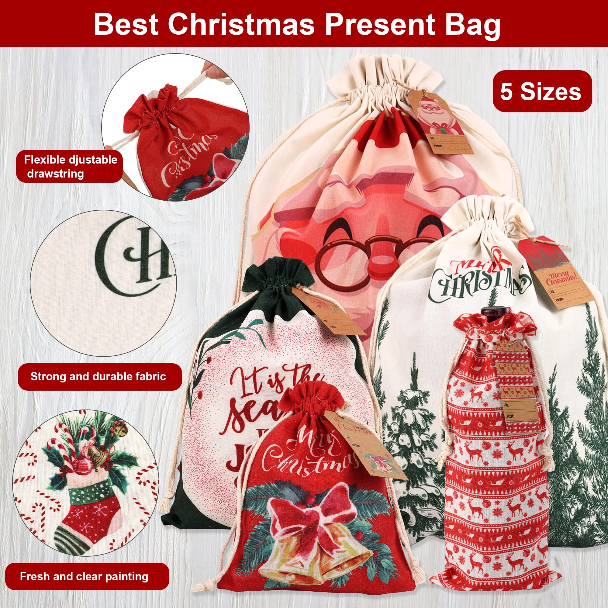 POPGIFTU Christmas Canvas Gift Bags with Drawstring, 12 PCs Christmas Santa Sack, Reusable Cotton Xmas Sack Cloth Bag for Xmas Package Storage, Christmas Party Supplies Favors