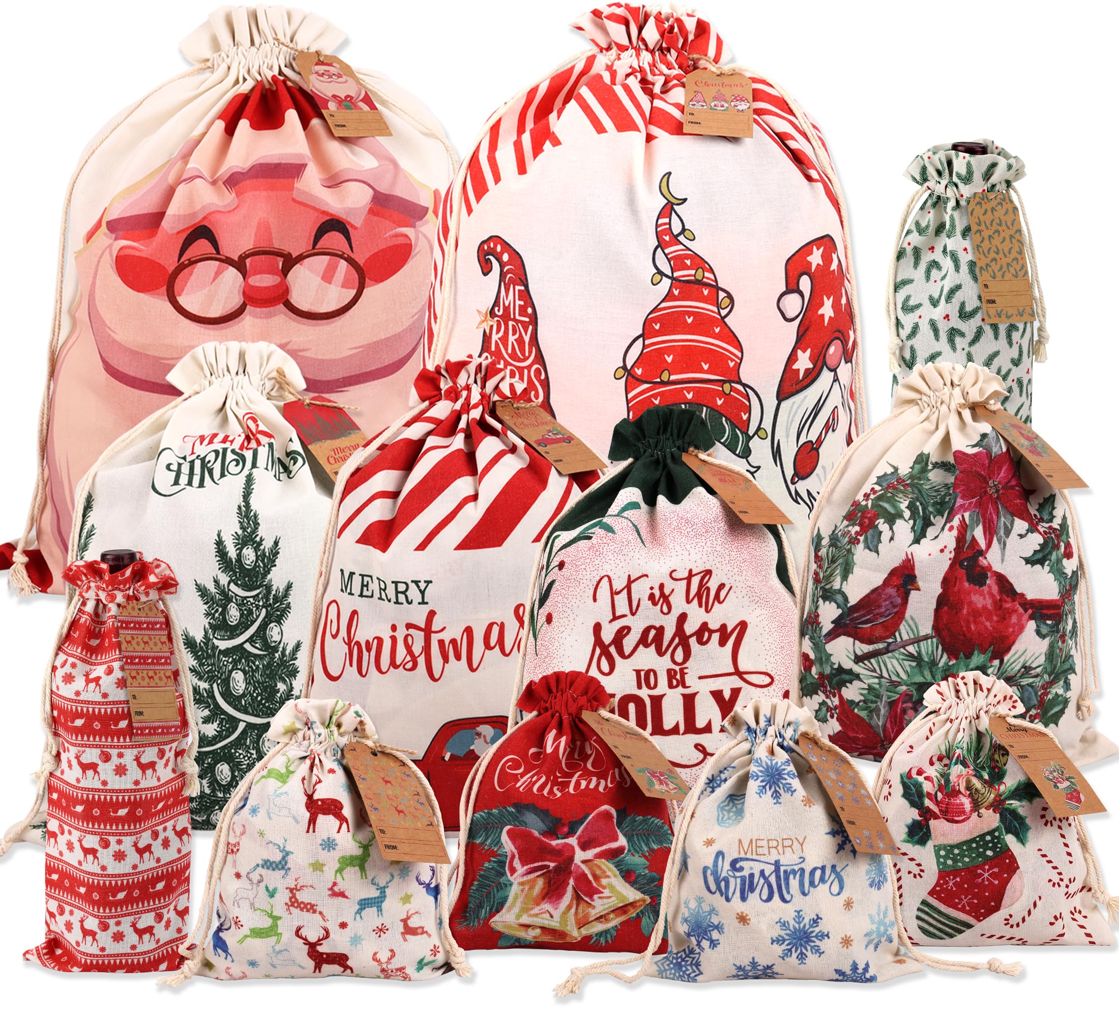 POPGIFTU Christmas Canvas Gift Bags with Drawstring, 12 PCs Christmas Santa Sack, Reusable Cotton Xmas Sack Cloth Bag for Xmas Package Storage, Christmas Party Supplies Favors