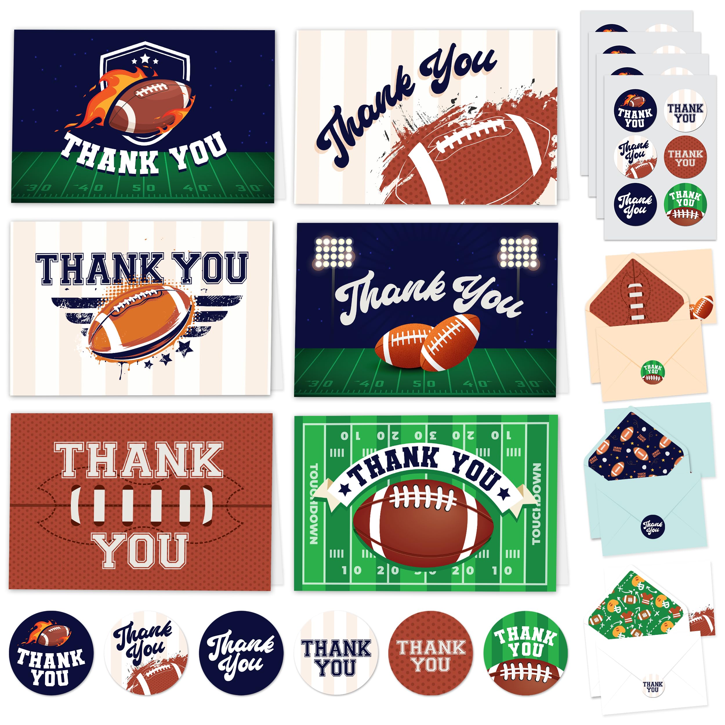 Decorably Thank You Cards with Envelopes & Stickers, Sports-Themed Cards - 24 Pack Football Thank You Cards with Envelopes, Blank Inside 6x4in Sports Thank You Cards Sports, Coach Thank You Cards