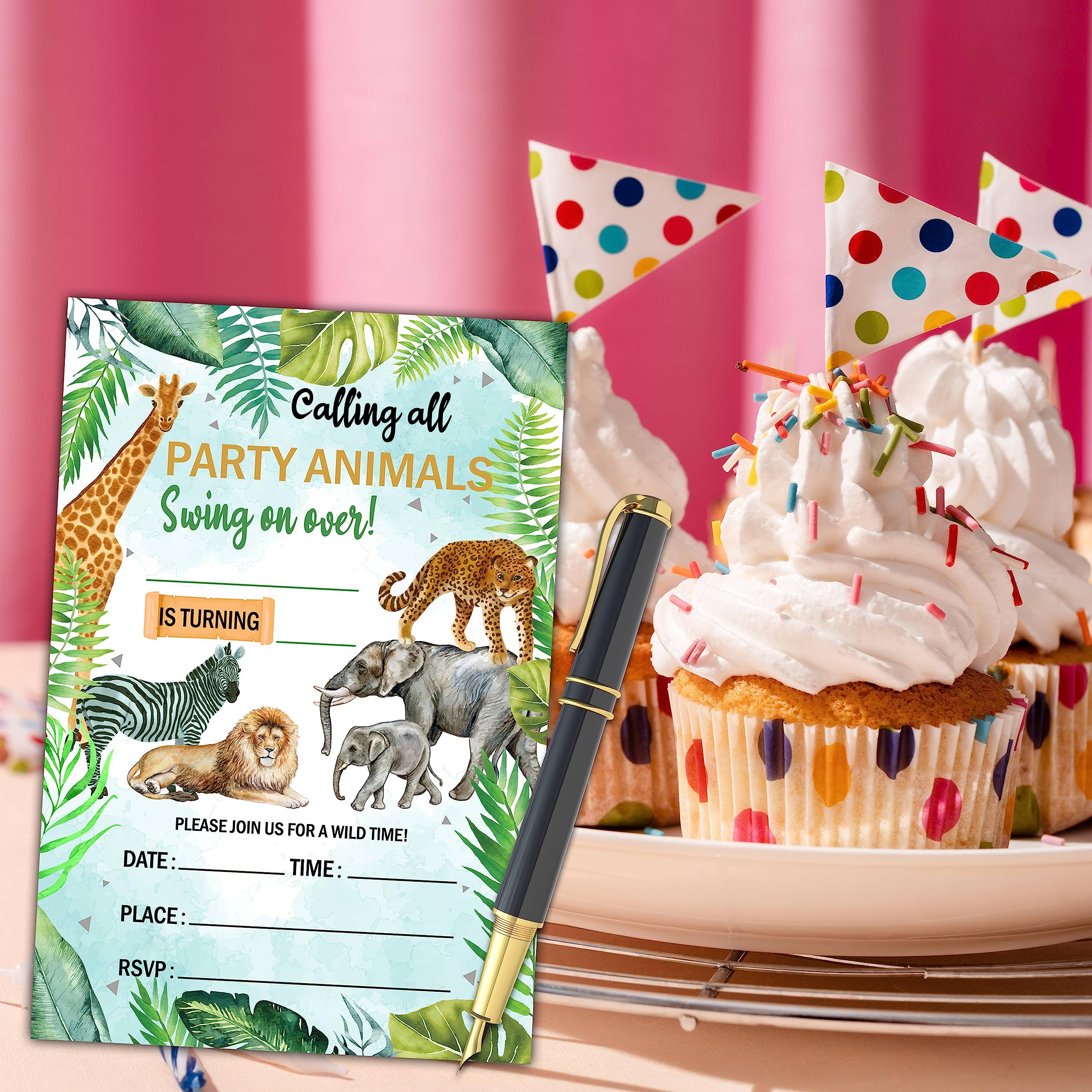 KFNER Calling All Party Animals Birthday Invitations, Safari Animals Birthday Party Invitation Card, Zoo Birthday Party Favors & Celebration Supplies(20 Set of Invitations with Envelopes)-B15