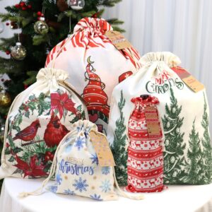 POPGIFTU Christmas Canvas Gift Bags with Drawstring, 12 PCs Christmas Santa Sack, Reusable Cotton Xmas Sack Cloth Bag for Xmas Package Storage, Christmas Party Supplies Favors