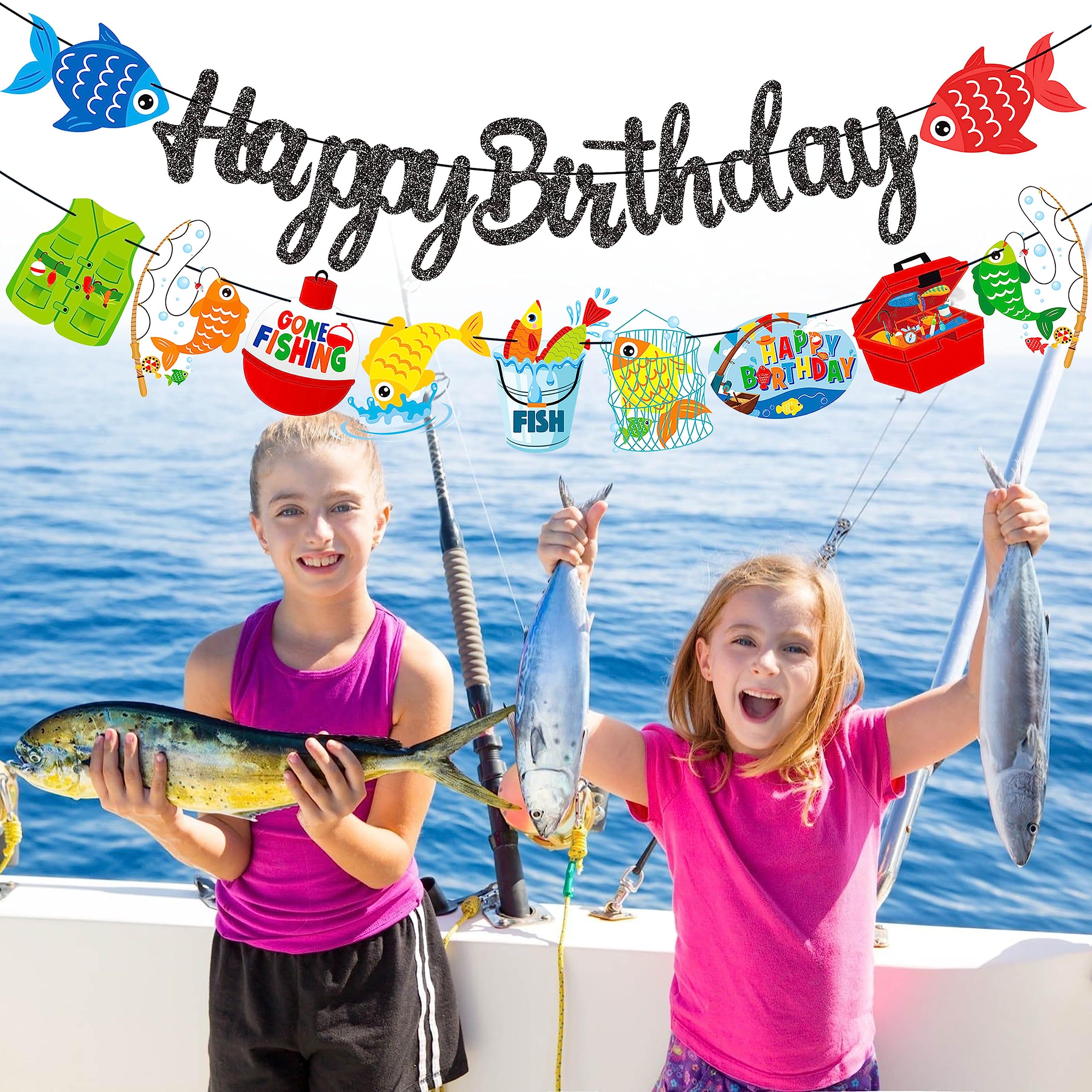 Gone Fishing Happy Birthday Banners Fishing Party Decorations 2Pcs Fisherman Hanging Cutout Garland Banners for Fish Theme Baby Shower Supplies