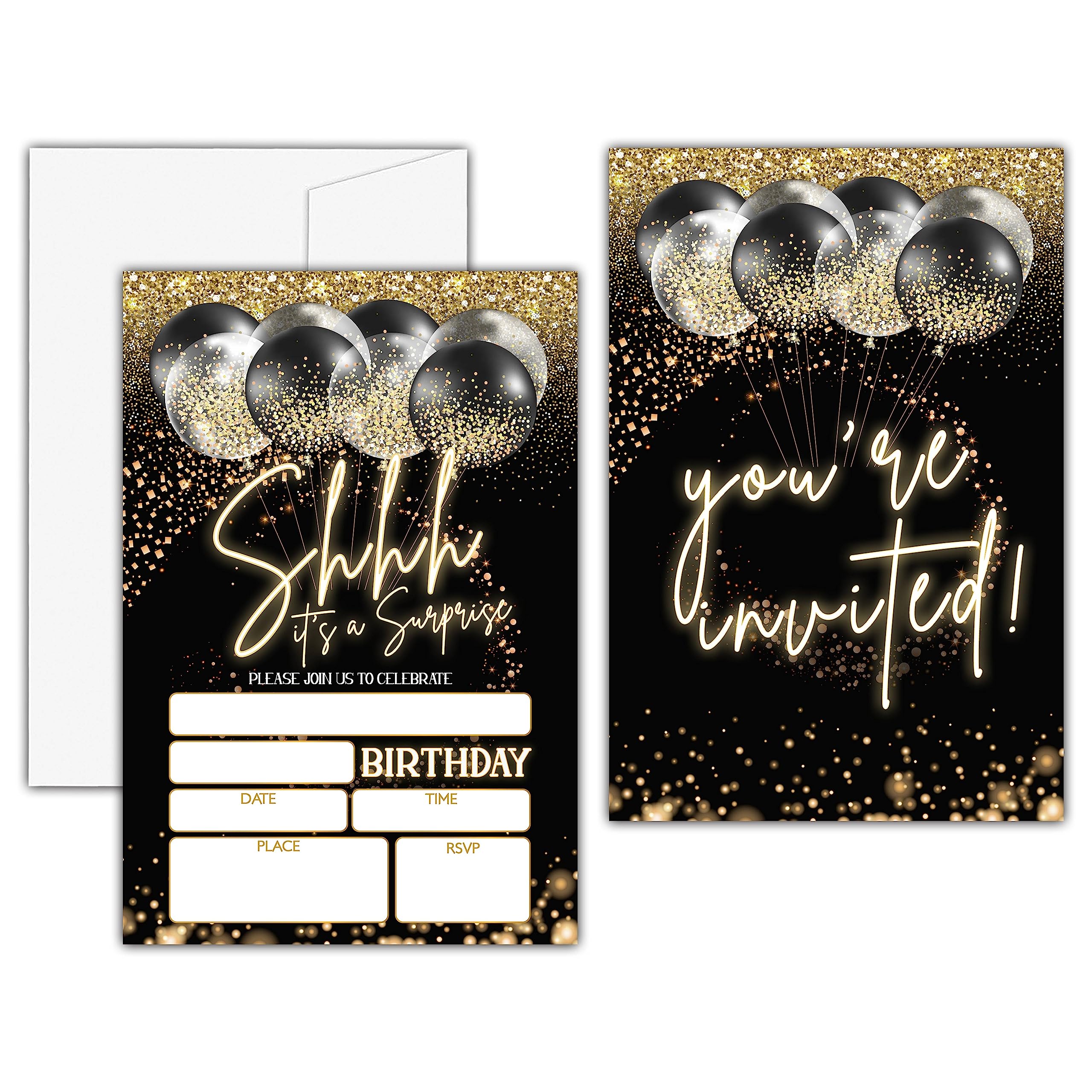 KFNER Shhh It's a Surprise Birthday Invitations, Black Gold Balloon Birthday Party Invitation Card, Surprise Birthday Party Favors & Celebration Supplies(20 Set of Invitations with Envelopes)-B28