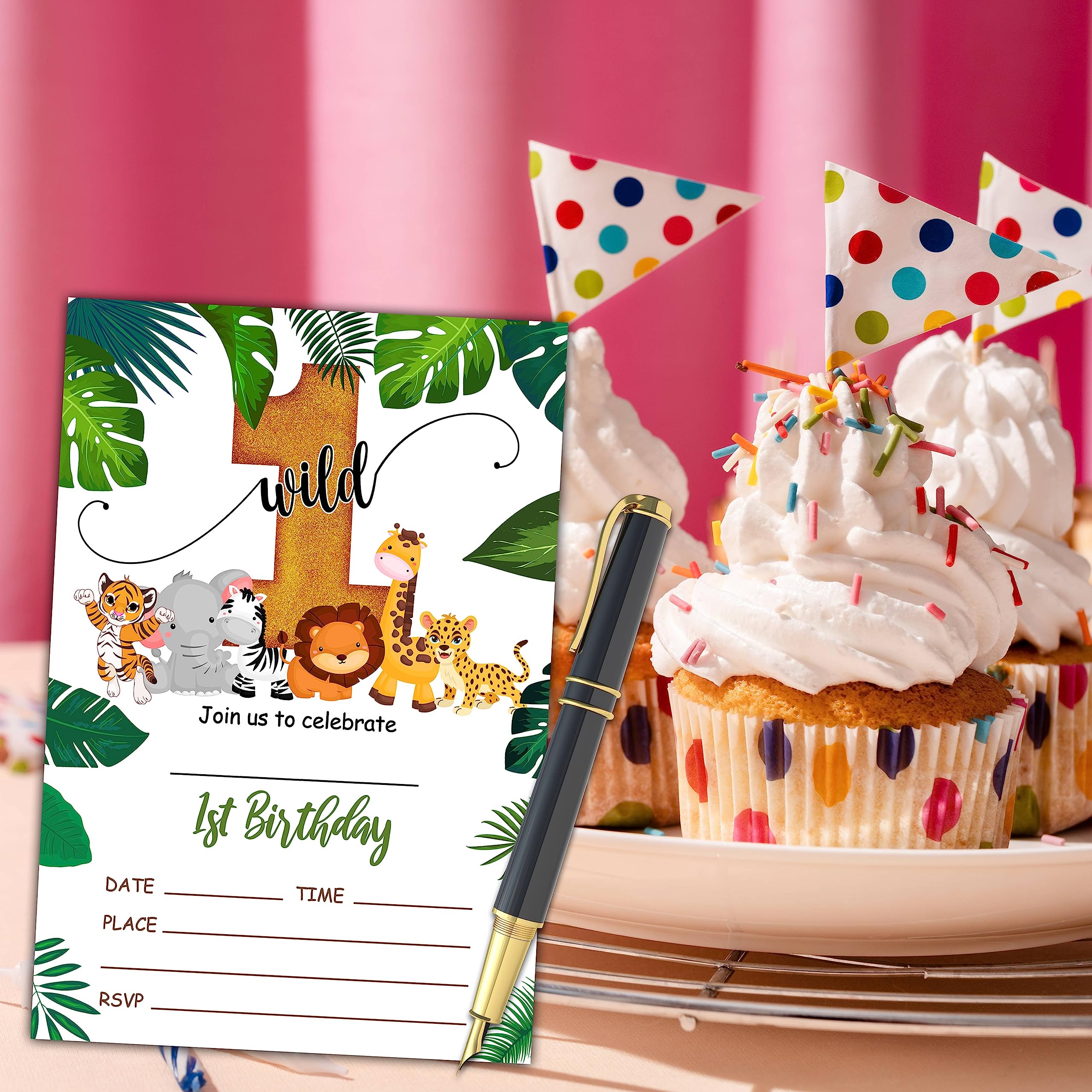 KFNER Wild One Birthday Invitations, 1st Safari Animals Birthday Party Invitation Card, Zoo Birthday Party Favors & Celebration Supplies(20 Set of Invitations with Envelopes)-B17