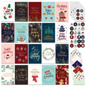 decorably 100 pack foiled & glittery christmas cards with envelopes & stickers, 20 designs printed message inside christmas cards bulk, 4x6in merry christmas card, boxed christmas cards with envelopes