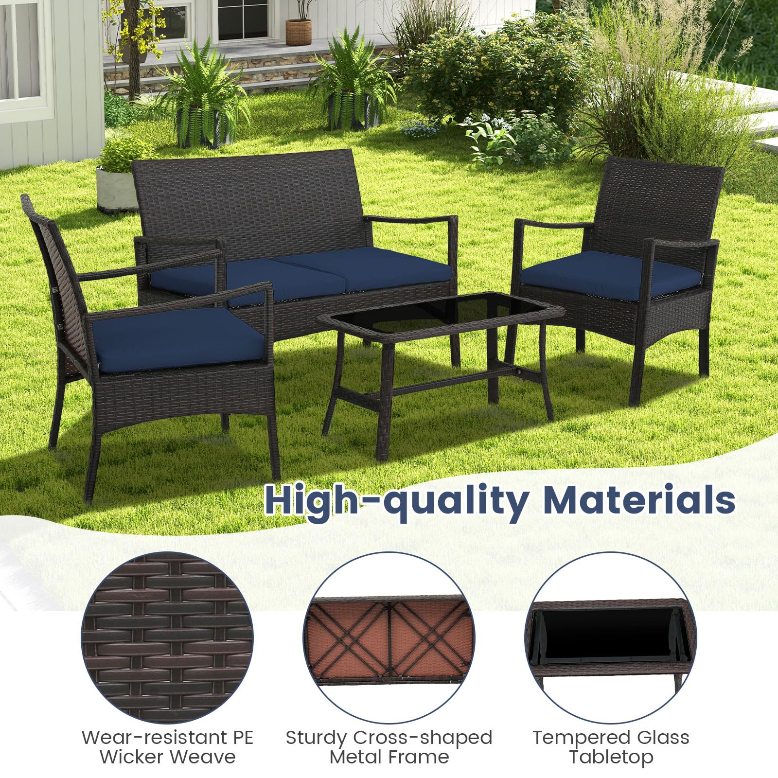 Tangkula 4 Pieces Outdoor Conversation Set, Patio PE Wicker Sofa with Tempered Glass Coffee Table, Soft Seat Cushions Included, Modern Rattan Chair Table Set for Porch, Backyard (1, Navy)