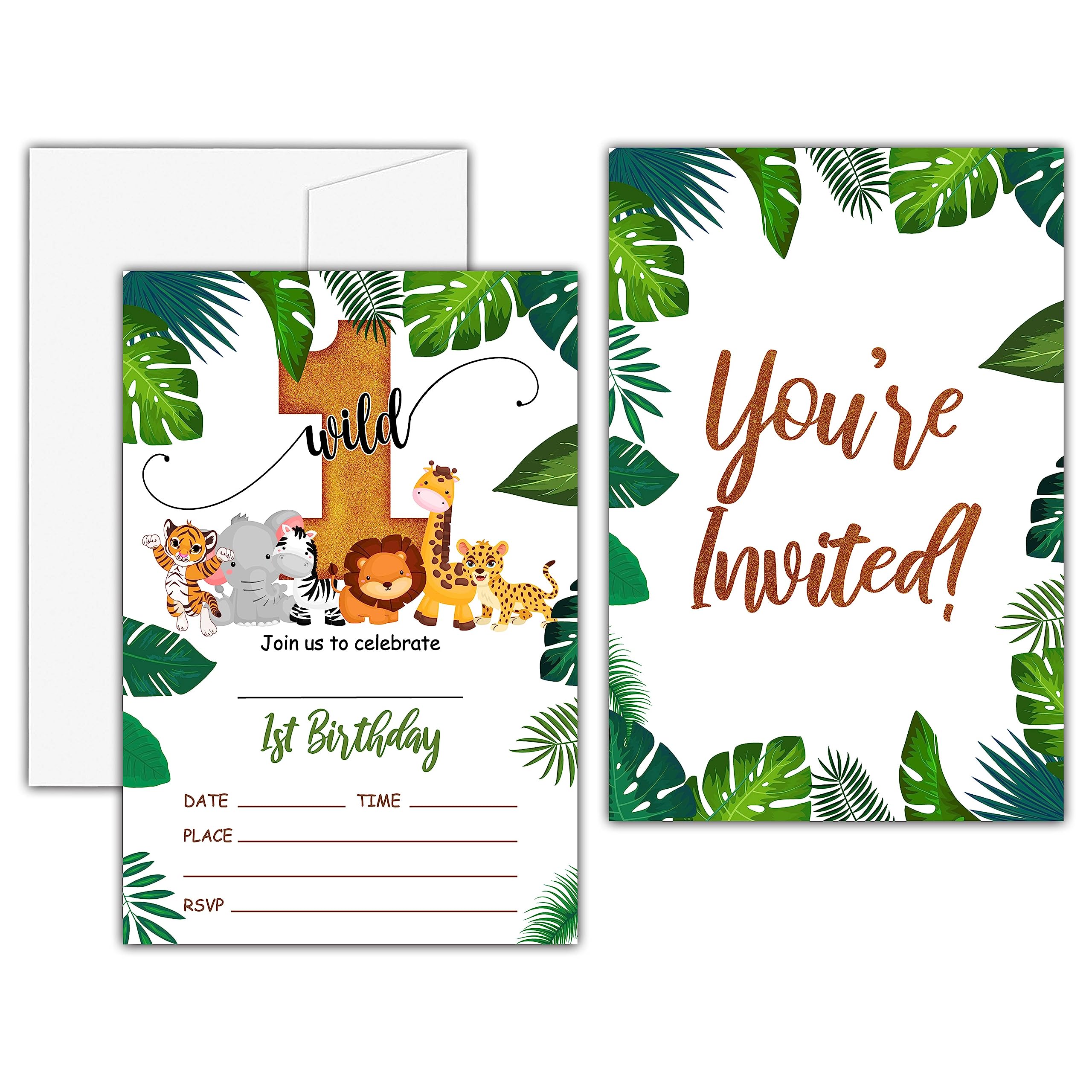 KFNER Wild One Birthday Invitations, 1st Safari Animals Birthday Party Invitation Card, Zoo Birthday Party Favors & Celebration Supplies(20 Set of Invitations with Envelopes)-B17