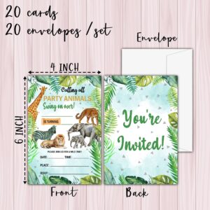 KFNER Calling All Party Animals Birthday Invitations, Safari Animals Birthday Party Invitation Card, Zoo Birthday Party Favors & Celebration Supplies(20 Set of Invitations with Envelopes)-B15