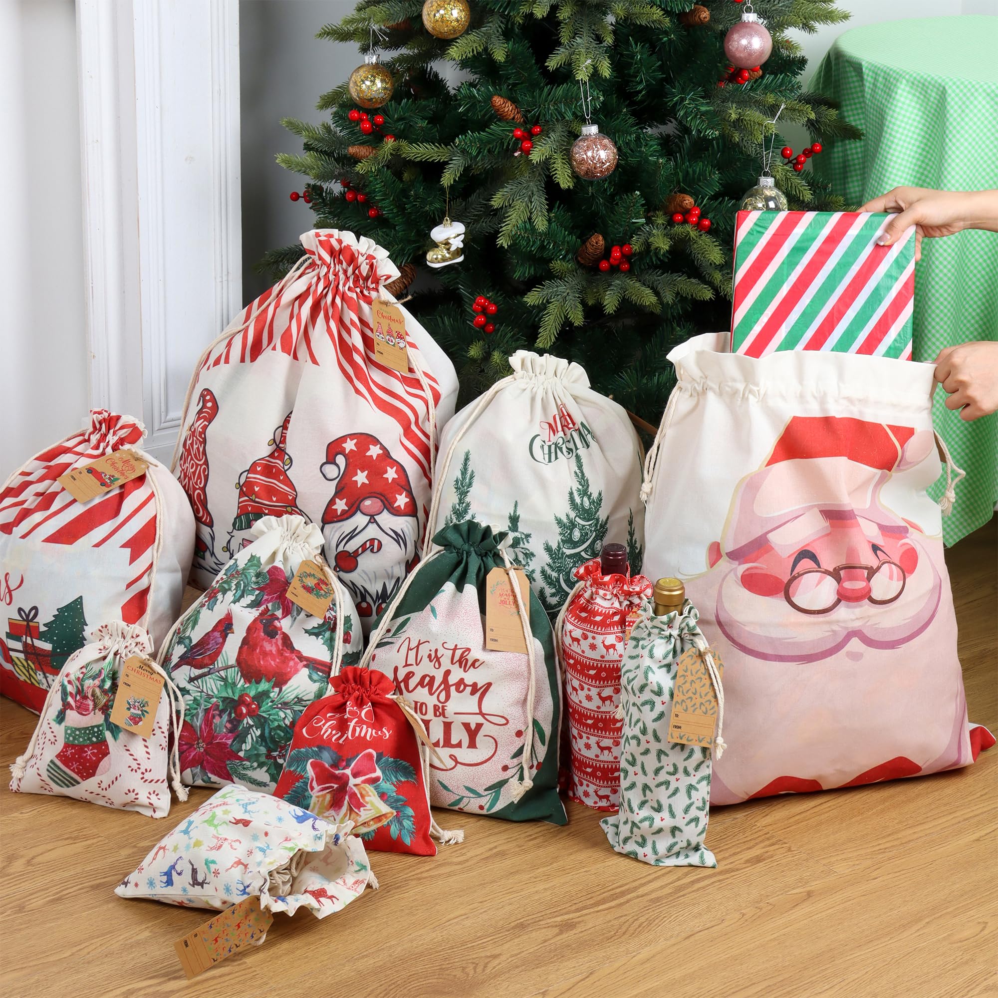 POPGIFTU Christmas Canvas Gift Bags with Drawstring, 12 PCs Christmas Santa Sack, Reusable Cotton Xmas Sack Cloth Bag for Xmas Package Storage, Christmas Party Supplies Favors