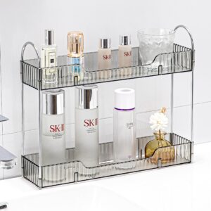 ycia&done 2 tiers narrow vanity makeup organizer, bathroom organizer countertop slim, perfume holder skincare storage cosmetic shelf spice rack, for small desktop space, smoky gray