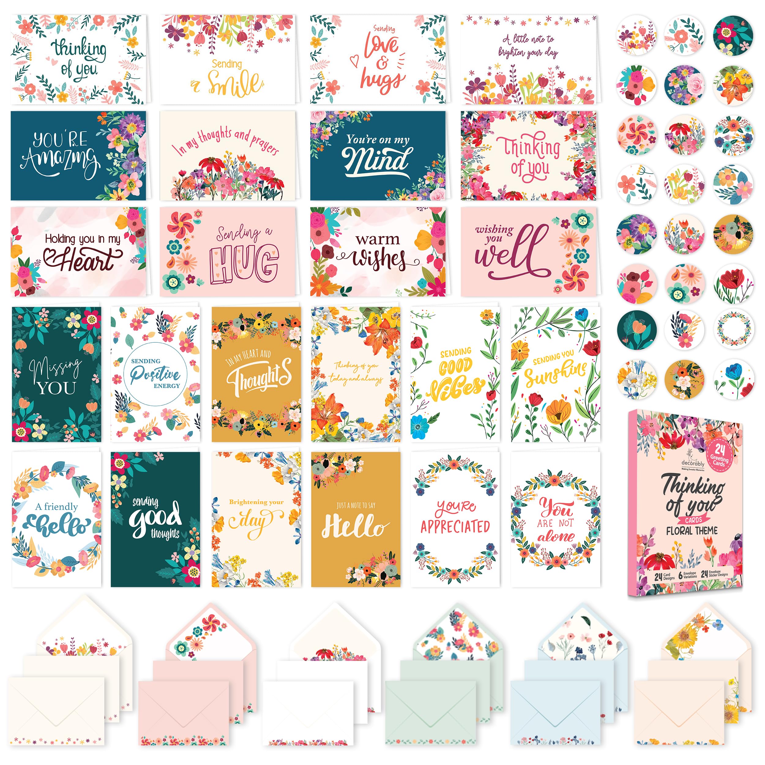 Decorably 24 Pack Floral Thinking of You Cards with Envelopes & Stickers, 24 Unique Designs Printed Message Thinking of You Cards Assortment Box with Envelopes, 6x4in Thinking of You Greeting Cards