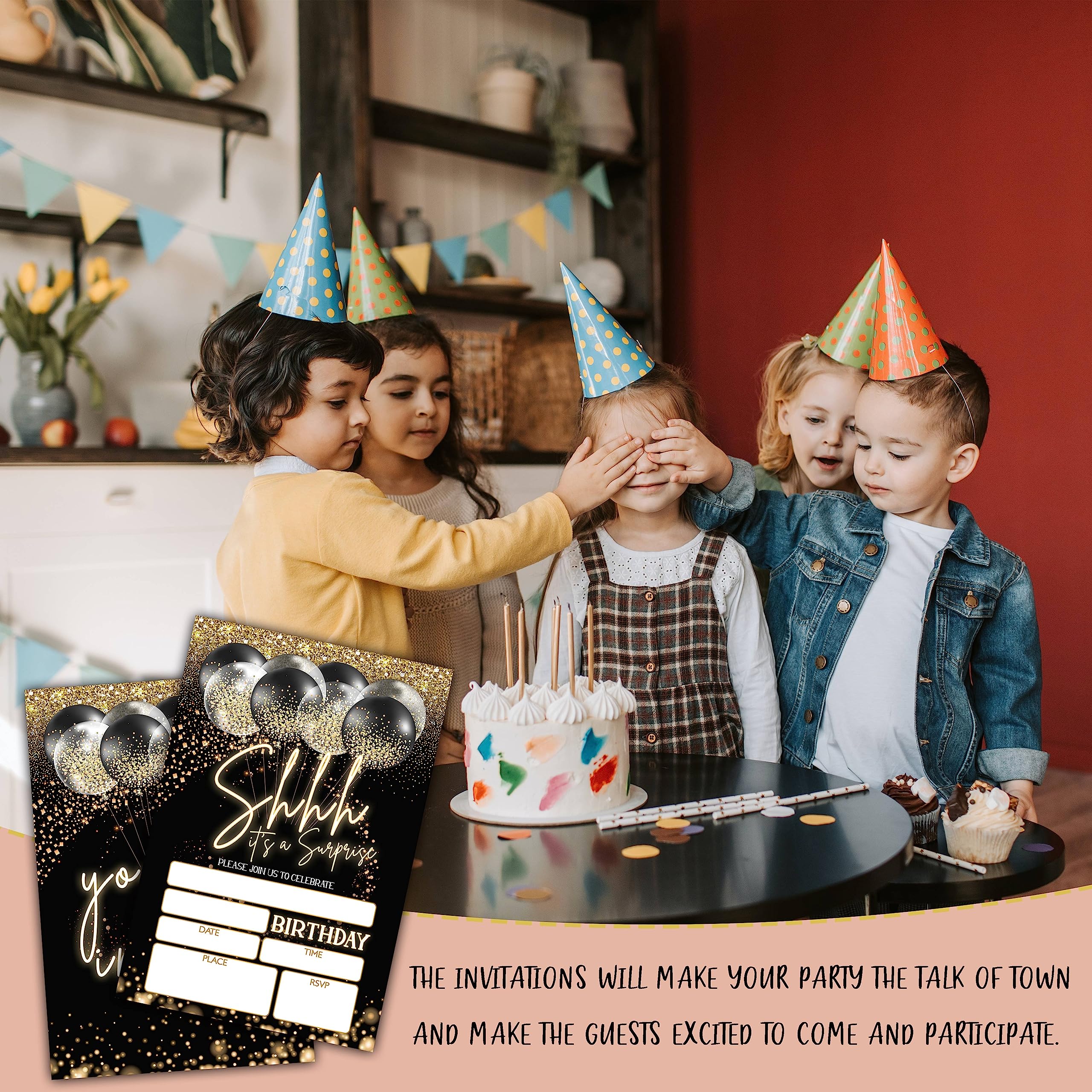 KFNER Shhh It's a Surprise Birthday Invitations, Black Gold Balloon Birthday Party Invitation Card, Surprise Birthday Party Favors & Celebration Supplies(20 Set of Invitations with Envelopes)-B28