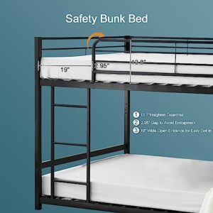 VINGLI Full Over Full Bunk Bed, Low Bunk Bed for Kids Floor Bed Full Size Bunk Bed for Adults,Heavy Duty Metal Slat, No Box Spring Needed, Black