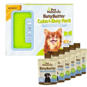 pet naturals calm and busy pack with 6 pouches of busybutter calming peanut butter and premium lick mat with suction cups