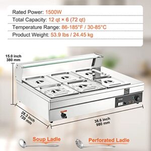 VEVOR 6-Pan Commercial Food Warmer, 6 x 12QT Electric Steam Table with Tempered Glass Cover, 1500W Countertop Stainless Steel Buffet Bain Marie 86-185°F Temp Control for Catering, Restaurants, Silver