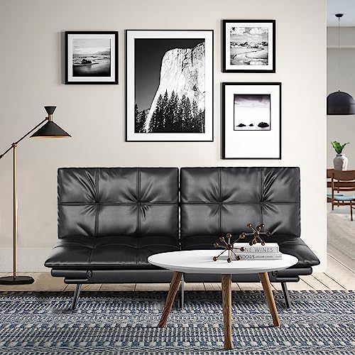 Fangflower Futon Sofa Bed, Faux Leather Memory Foam Couch, Foldable Convertible Sleeper Loveseat, Daybed for Living Room, Black