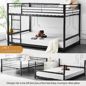 VINGLI Full Over Full Bunk Bed, Low Bunk Bed for Kids Floor Bed Full Size Bunk Bed for Adults,Heavy Duty Metal Slat, No Box Spring Needed, Black