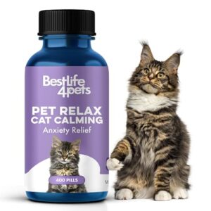 pet relax cat calming anxiety relief - natural calming care for cats, cat stress and anxiety relief, soothes separation anxiety, homeopathic feline aid for travel - 400 odorless, tasteless pills