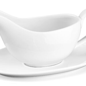 Yedio 18 oz Gravy Boat with Saucer, Large White Ceramic Gravy Boat, Boat and Tray for Turkey Beef Sauce, Salad Dressing, Creamer, Milk, Broth,Microwave and Dishwasher Safe