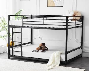 vingli full over full bunk bed, low bunk bed for kids floor bed full size bunk bed for adults,heavy duty metal slat, no box spring needed, black