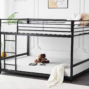 VINGLI Full Over Full Bunk Bed, Low Bunk Bed for Kids Floor Bed Full Size Bunk Bed for Adults,Heavy Duty Metal Slat, No Box Spring Needed, Black