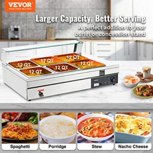 VEVOR 6-Pan Commercial Food Warmer, 6 x 12QT Electric Steam Table with Tempered Glass Cover, 1500W Countertop Stainless Steel Buffet Bain Marie 86-185°F Temp Control for Catering, Restaurants, Silver