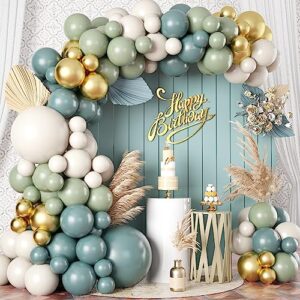 dusty sage green blue gold balloon garland kit, 107 pcs pastel olive green slate blue beige metallic gold balloon arch kit for women men boho birthday wedding baby bridal shower party decorations